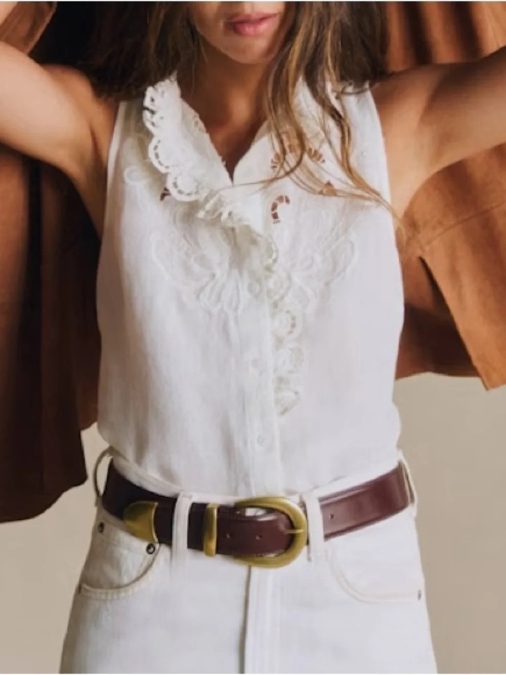 Sezane | Tops | Sezane Sasky White Sleeveless Eyelet Lace Button Front ...